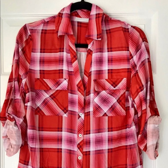 New York & Company | Tops | Silky Orange Plaid Tunic Shirt | Poshmark